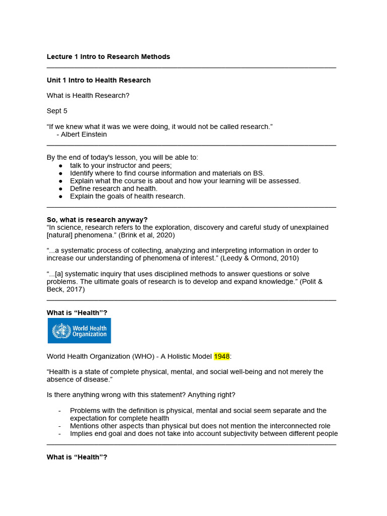 _HLTH 2001 Unit 1 Lecture 1 Intro to Research Methods | PDF ...
