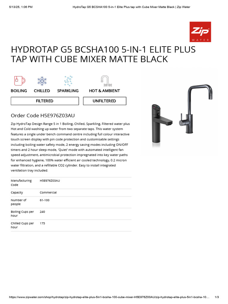 HydroTap G5 BCSHA100 5-In-1 Elite Plus Tap With Cube Mixer Matte Black ...