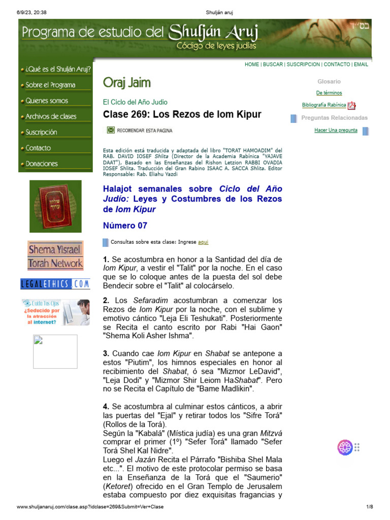 Clase 269 - Los Rezos de Iom Kipur | PDF | Yom Kippur | Servicios Judios