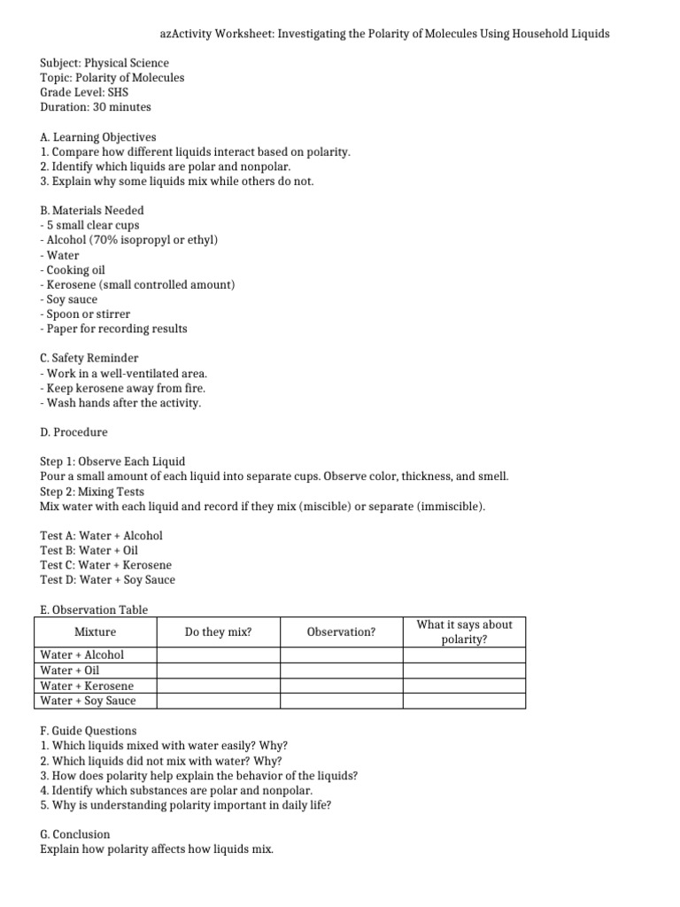 Polarity Experiment Worksheet | PDF