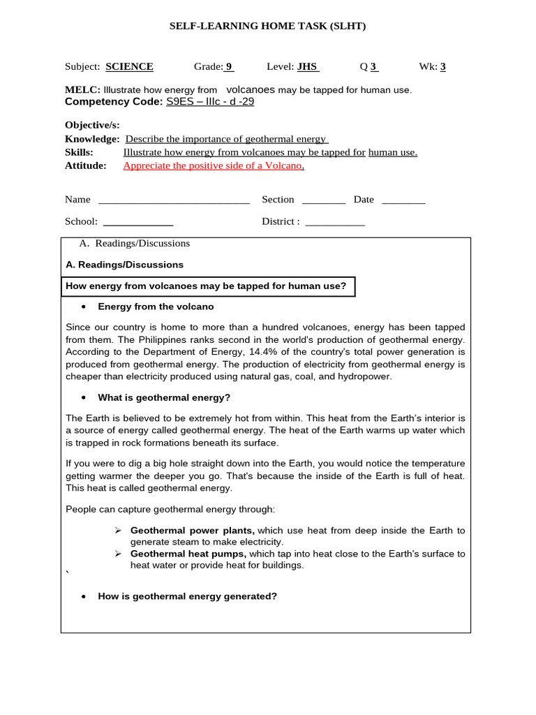 SHLT-SCI-9-Q3-WK3 | PDF | Geothermal Energy | Power Station