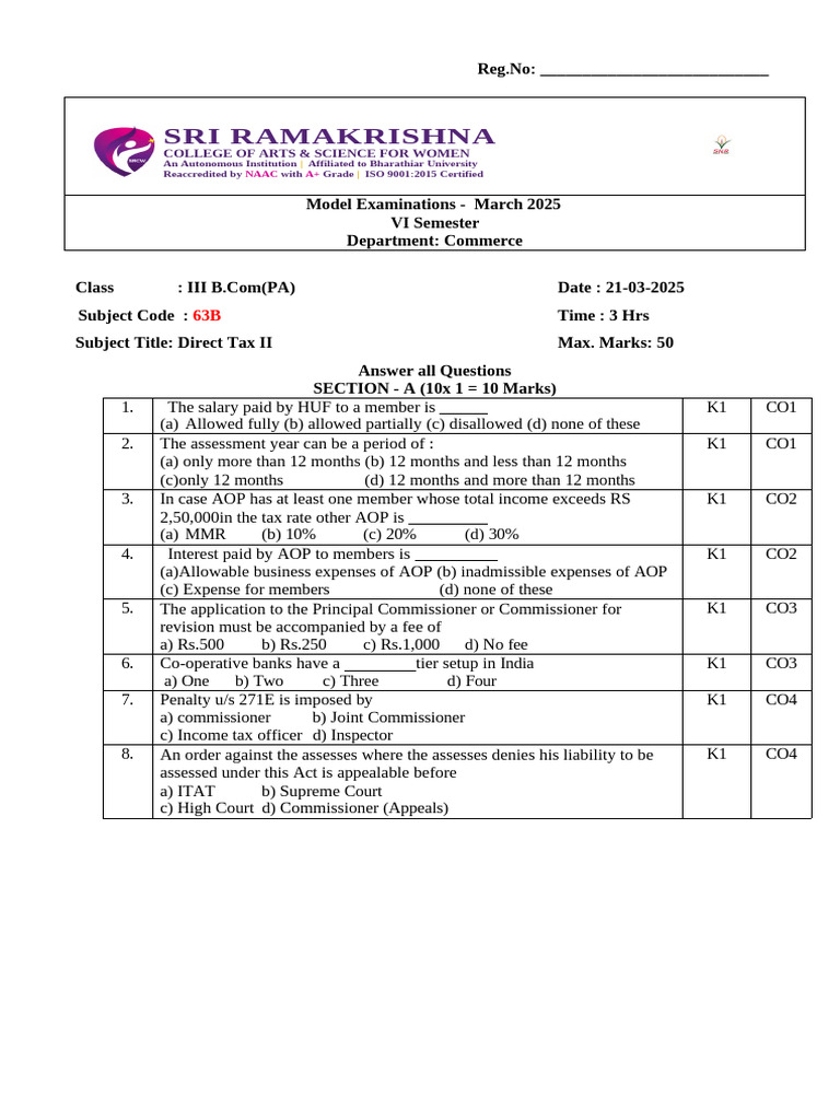 Model Exam Paper for Direct Tax II | PDF | Audit | Taxes