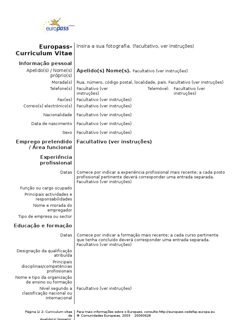 Curriculum Vitae Europass. Formulário para Preenchimento | PDF | Business