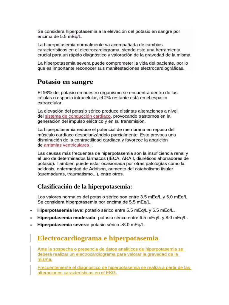 Se Considera Hiperpotasemia a La Elevación Del Potasio en Sangre Por ...