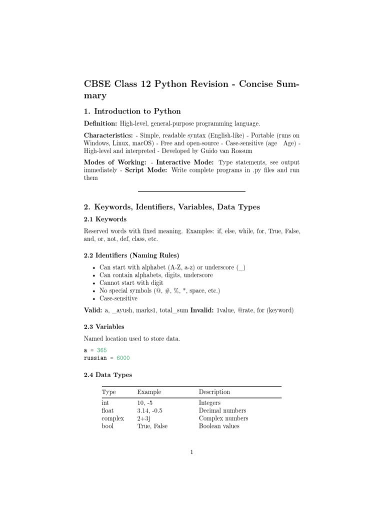 Python Class12 Concise | PDF | Boolean Data Type | Databases