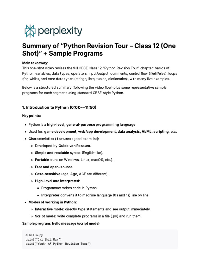 Summary of “Python Revision Tour – Class 12 (One S | PDF | Python (Programming Language ...