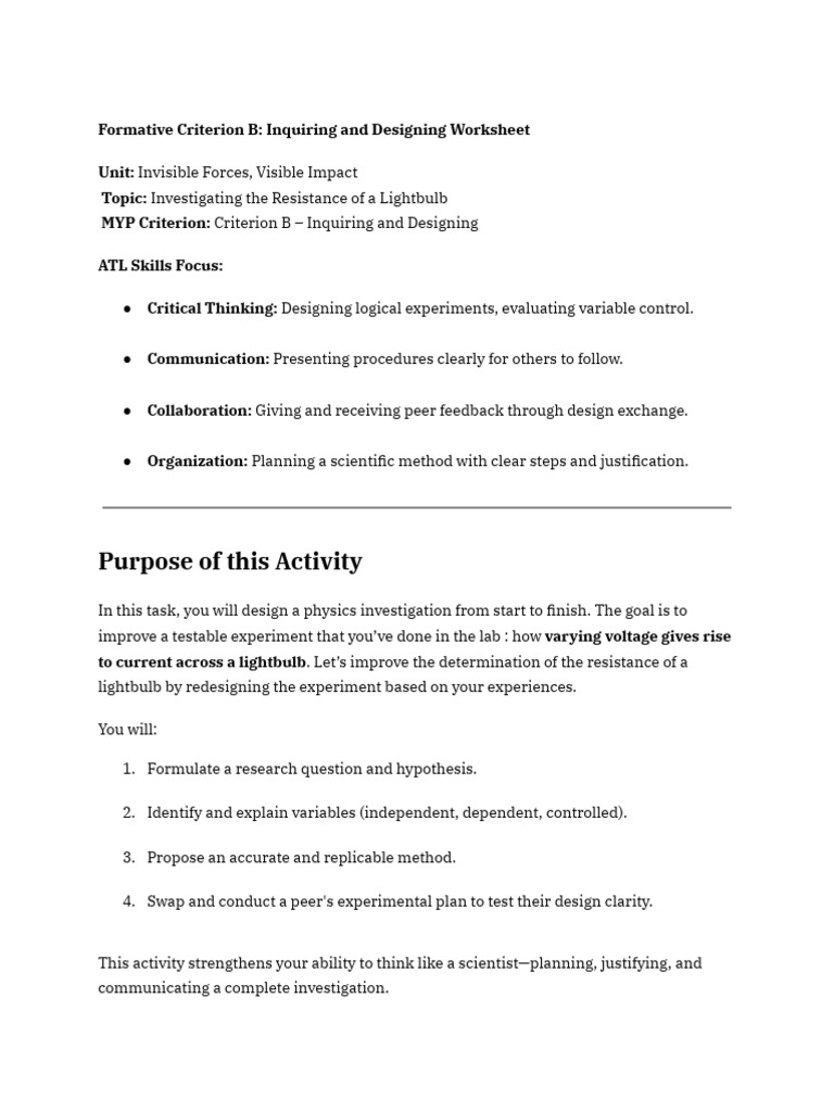 Formative Criterion B Inquiring and Designing Worksheet - G10Physics T1 ...