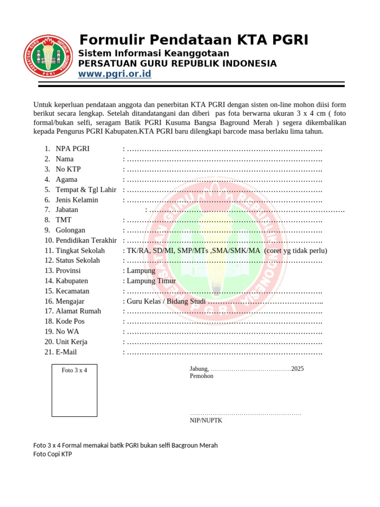 Formulir KTA PGRI Lampung Timur | PDF