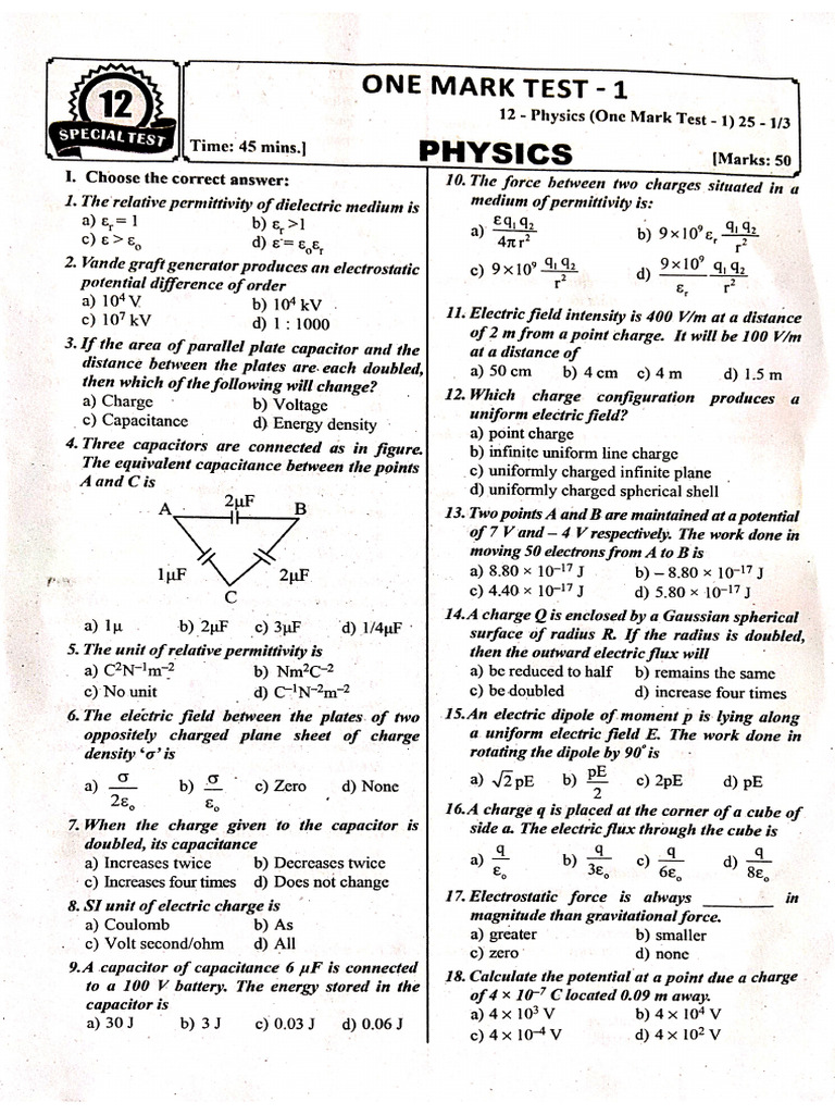 Xii - Physics One Mark Question Papers | PDF