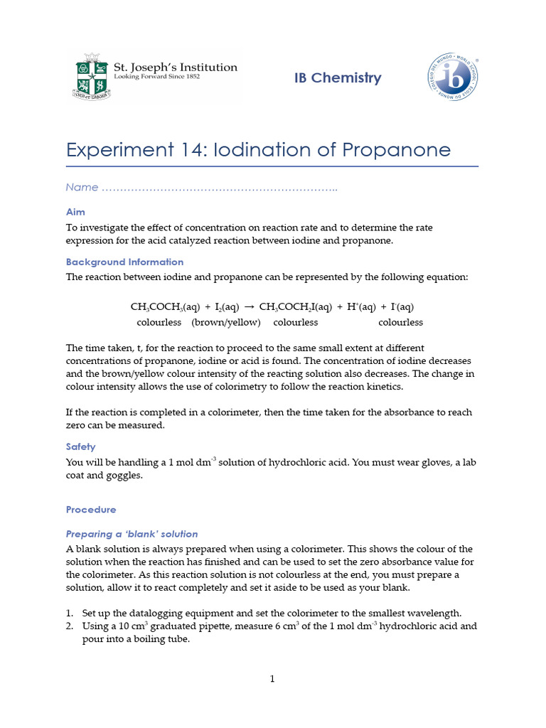 Experiment 14 - Iodination of Propanone | PDF | Acid | Applied And Interdisciplinary Physics