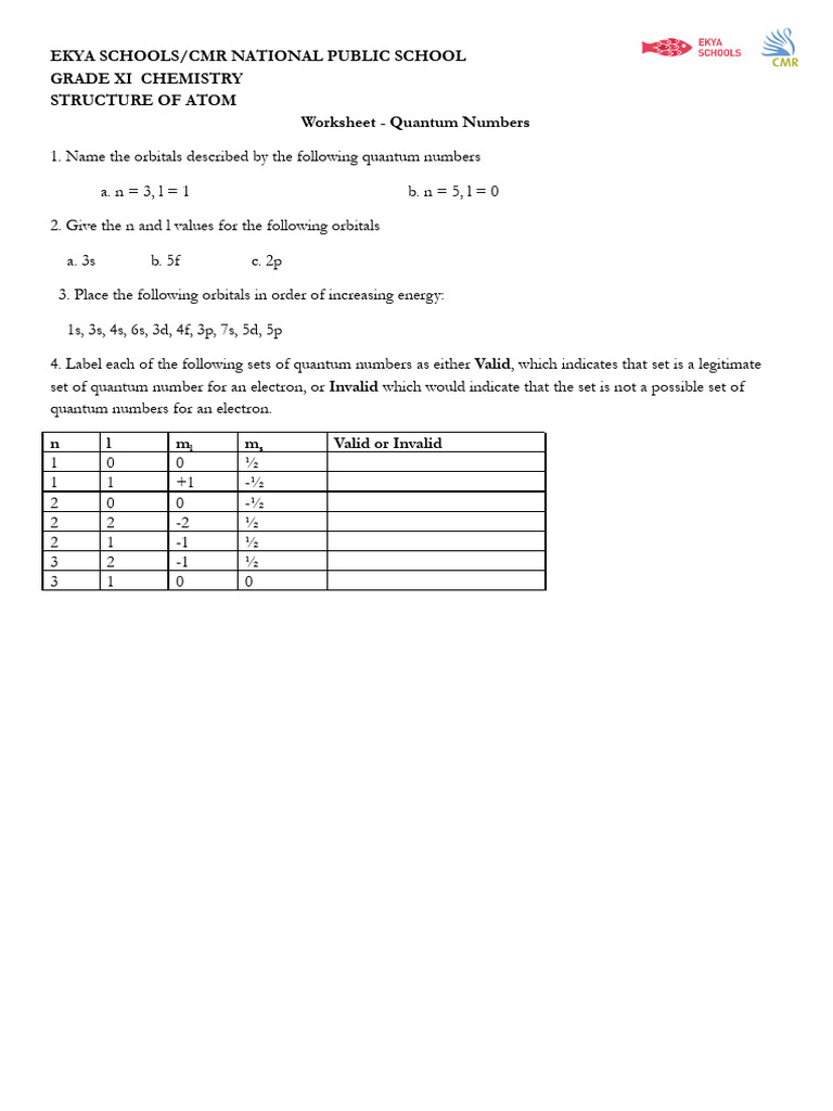 Quantum Numbers Worksheet for Chemistry | PDF
