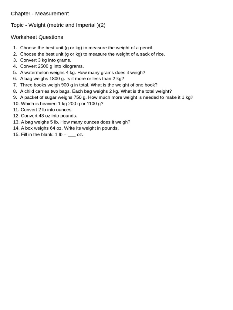 Weight Measurement Worksheet: Metric & Imperial | PDF
