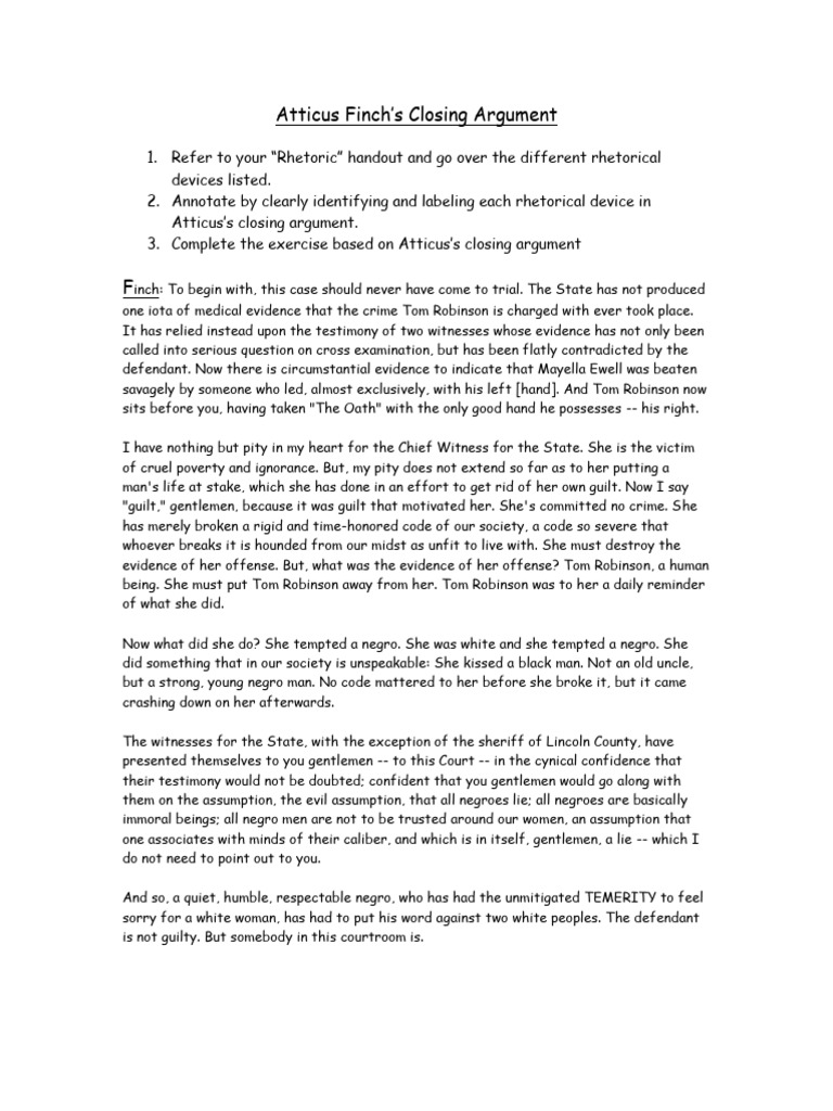 Atticus Finchs Closing Argument Rethoric Analysis | PDF | Witness ...
