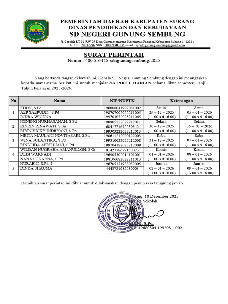 Piket Harian SDN Gunung Sembung 2025-2026 | PDF