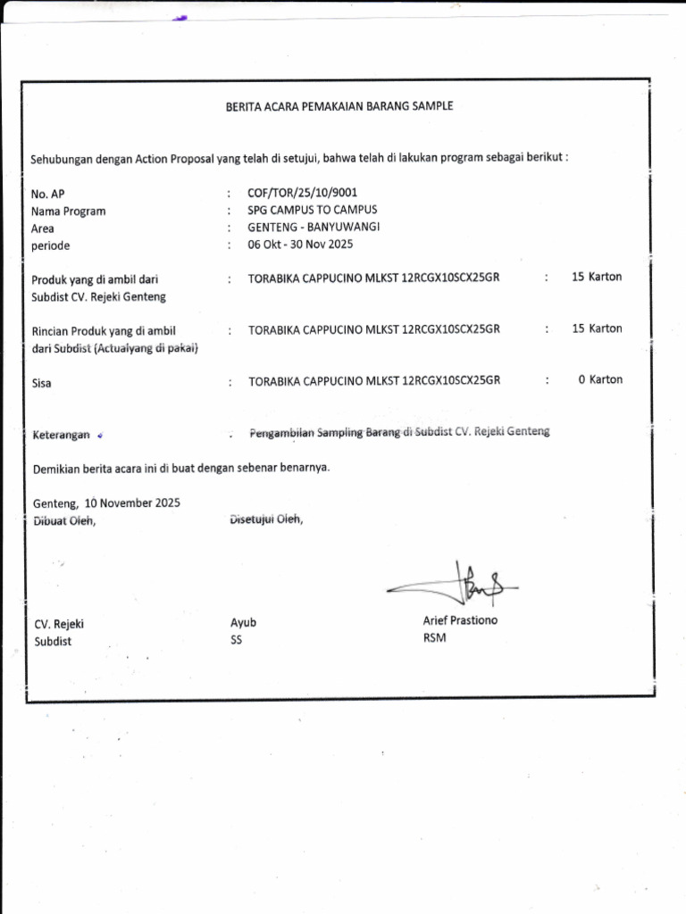 Berita Acara Pemakaian Barang Sample | PDF