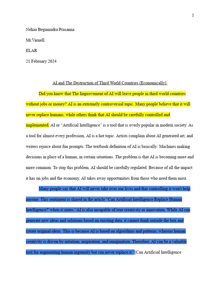 NEHAA BEGAMUDRA PRASANNA - (Varnell) Argumentative Essay - Rough Draft ...