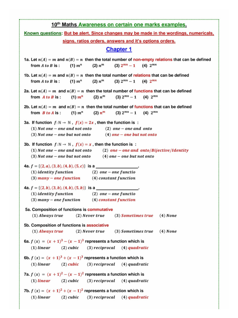 10th Maths Awareness On Certain 1 Marks 2025 | PDF