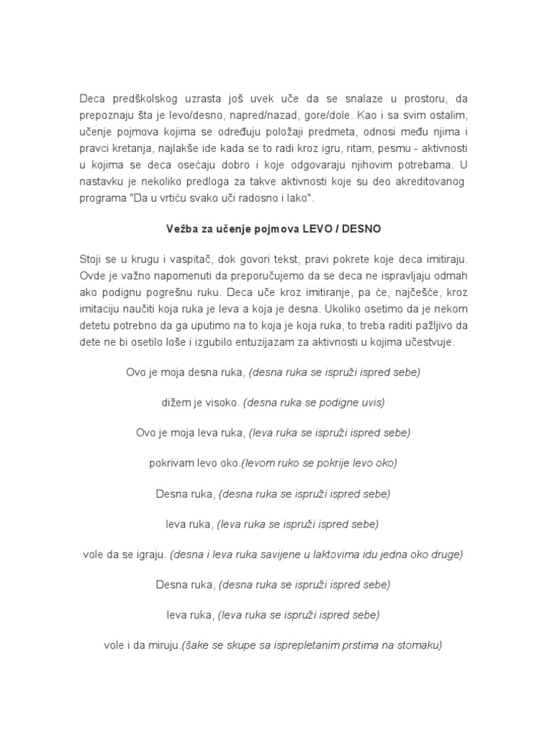 Vezbe Za Predloge Levo Desno Iza Ispred | PDF