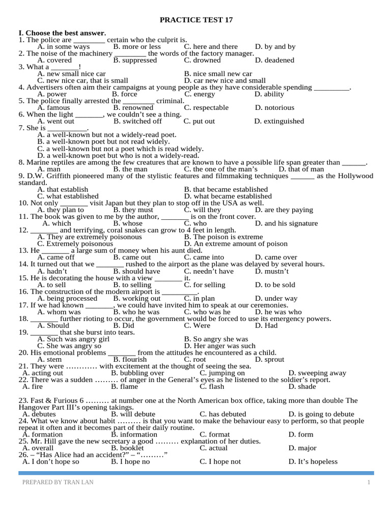 English Practice Test 17 Questions | PDF