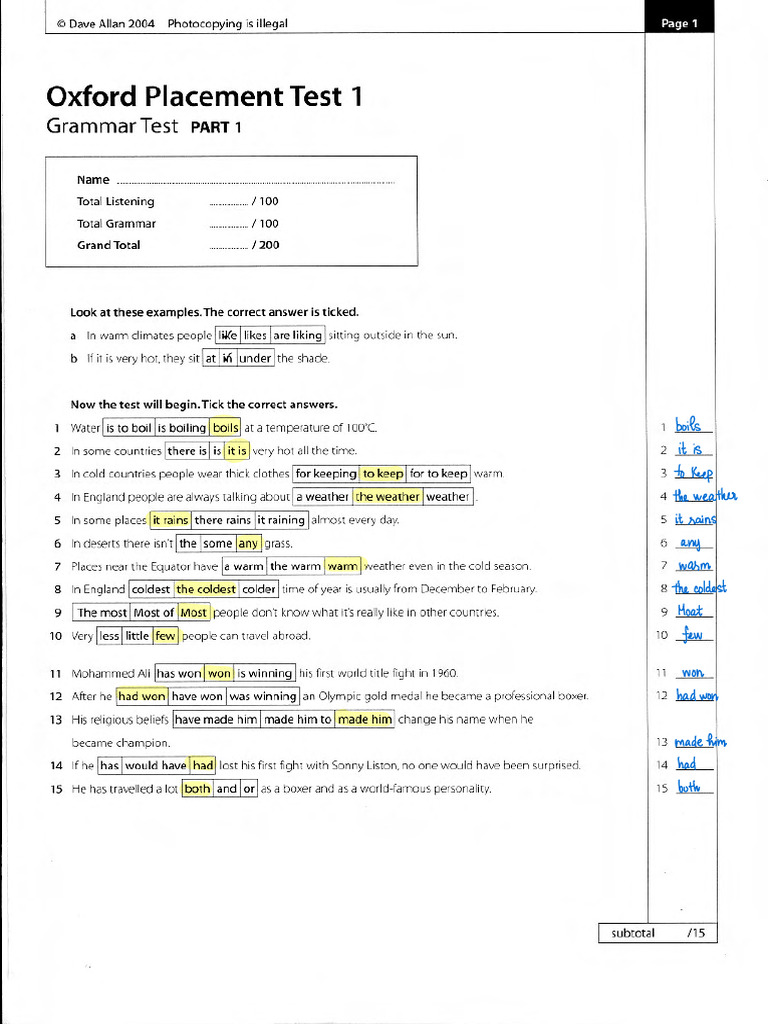 Oup Oxford English Placement Test 1 Compress | PDF