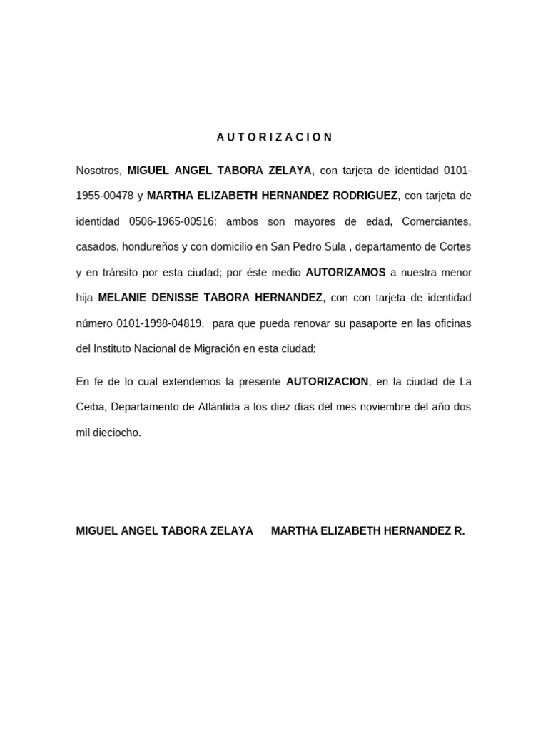 A u t o r i z a c i o n Pasaporte Marta Tabora | PDF