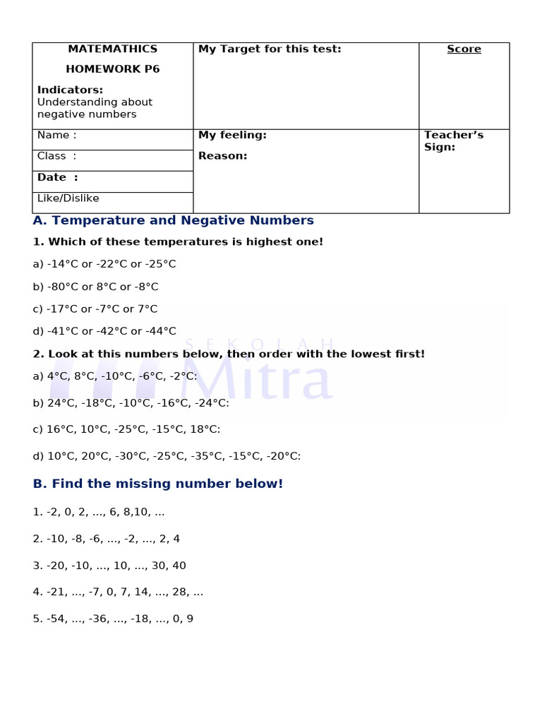 P6 Homework Negative Numbers and Temperature | PDF