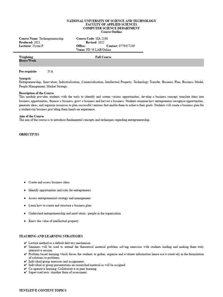 SIA2108 Technopreneurship Course Outline.docx | PDF | Entrepreneurship ...