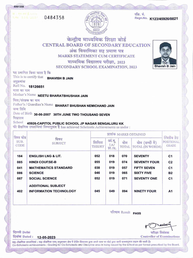 Secondary School Marks Certificate 2023 | PDF