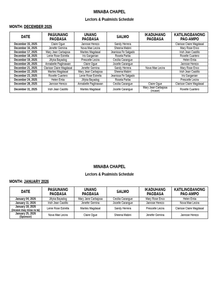 Minaba Chapel Lectors Schedule 2025-2026 | PDF