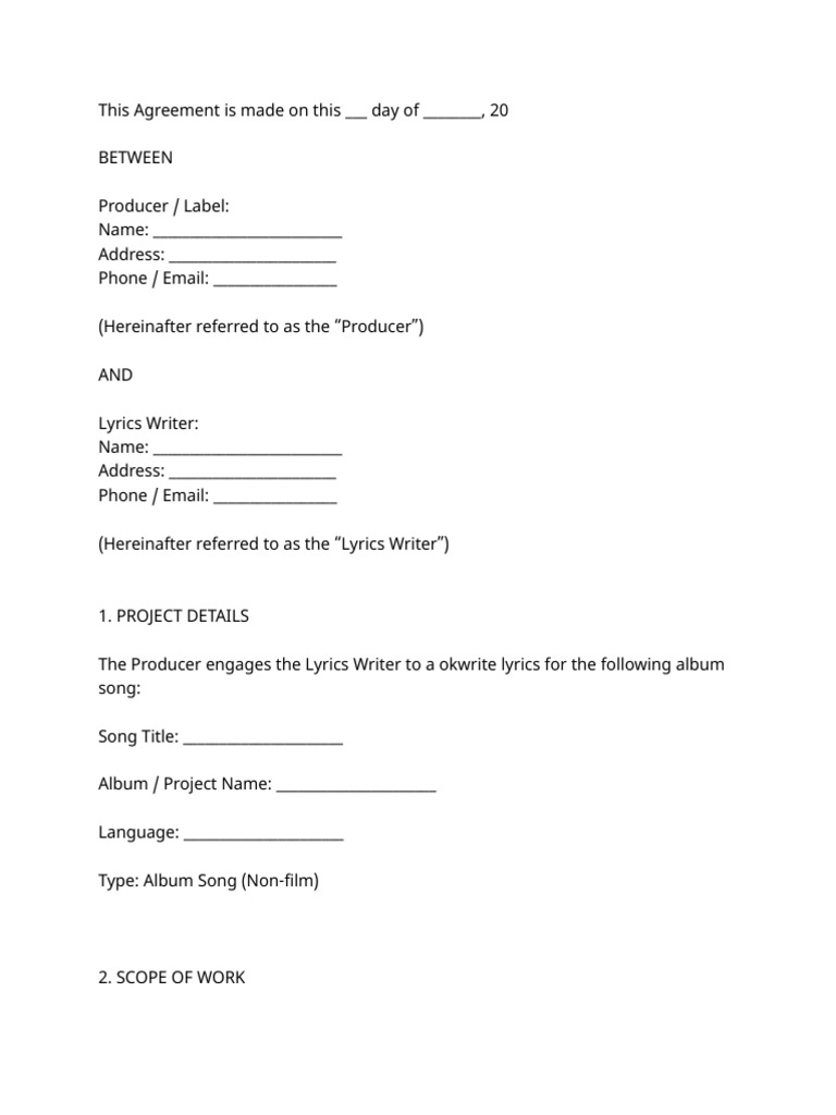 Lyrics Writing Agreement Template | PDF | Indemnity | Business Law