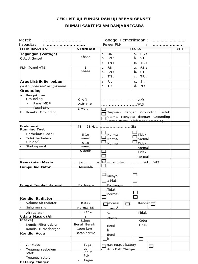 Cek List Uji Fungsi Genset RS Banjarnegara | PDF