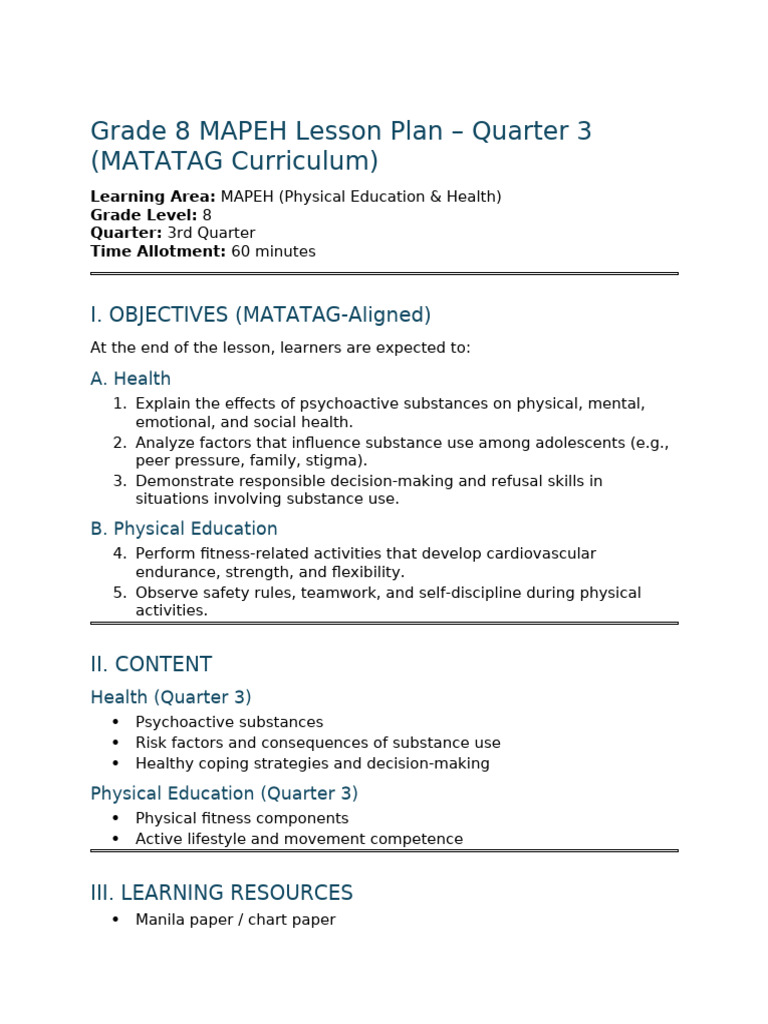 Grade 8 MAPEH Lesson Plan: Health & PE | PDF | Substance Abuse ...