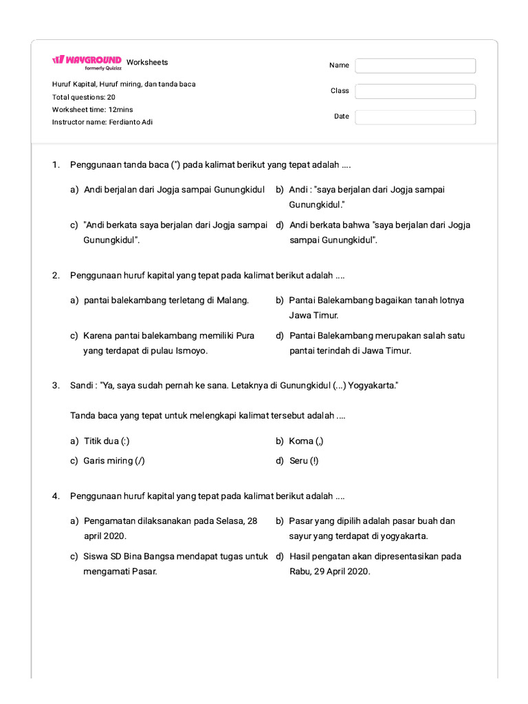 Worksheet Penggunaan Huruf dan Tanda Baca | PDF