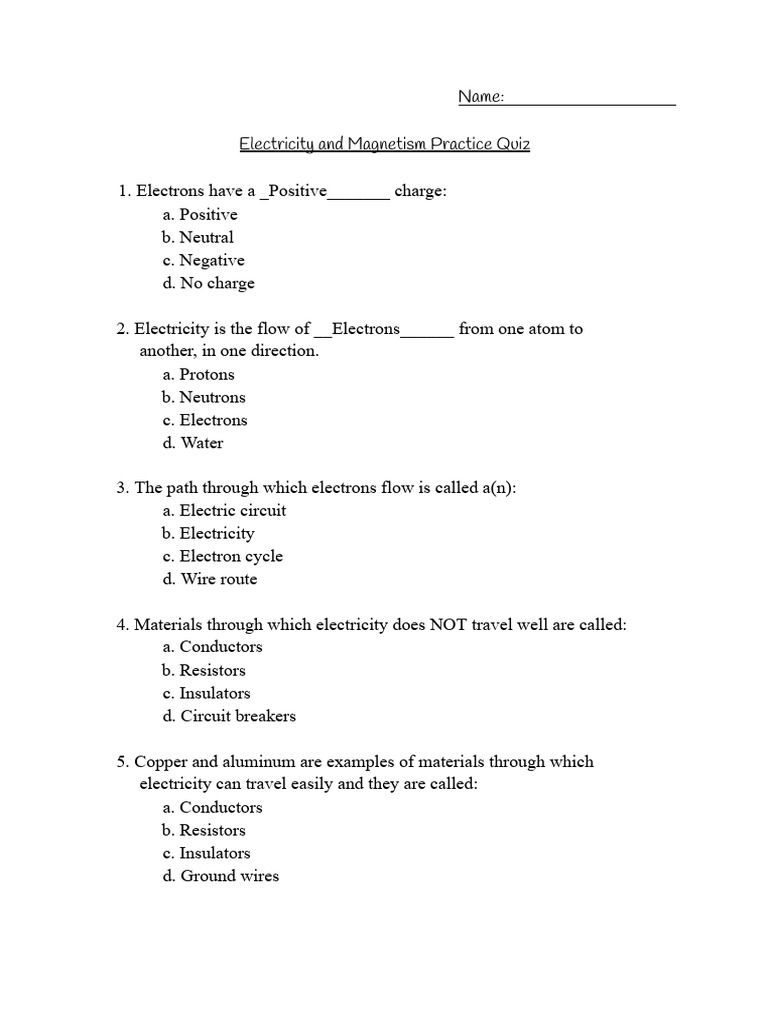 Electricity and Magnetism Quiz Guide | PDF | Electrical Conductor ...
