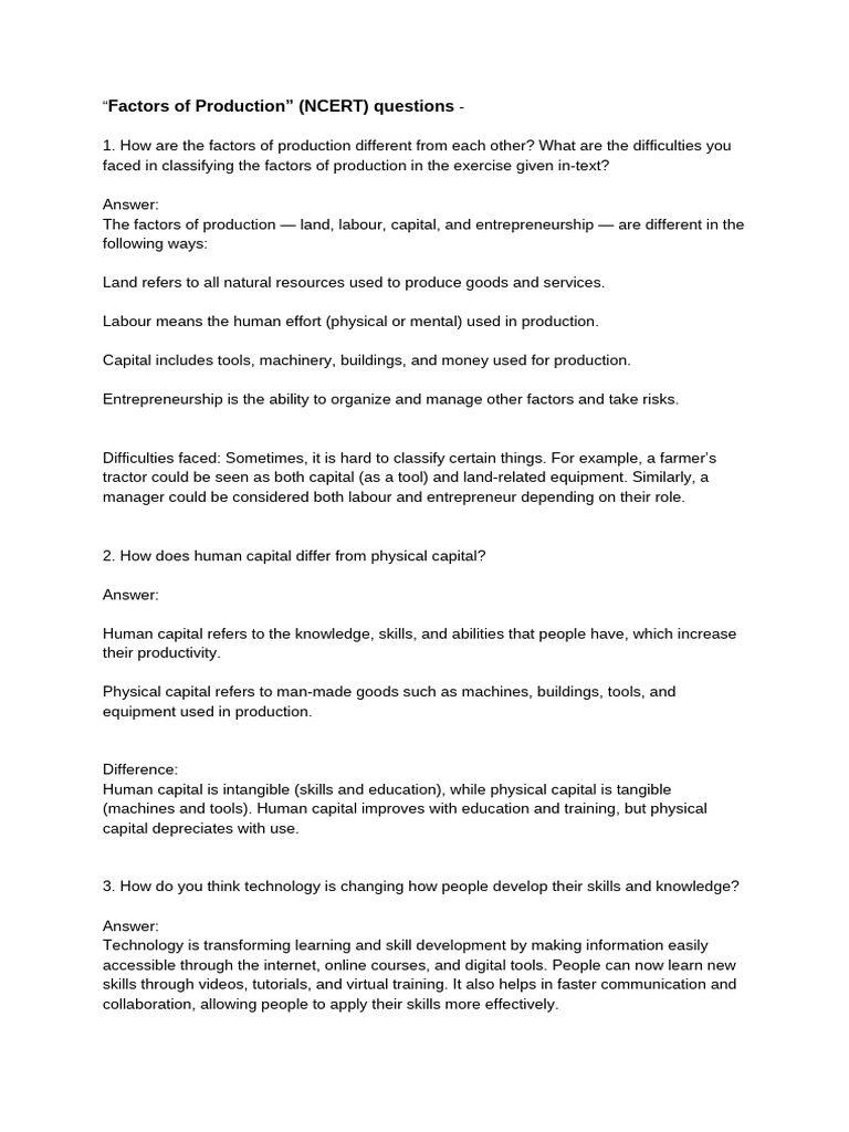 "Factors of Production" (NCERT) Questions | PDF | Entrepreneurship ...