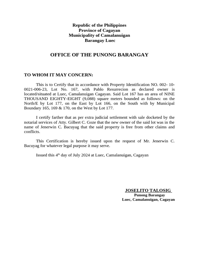 Lot Certification for Jenerwin Bacuyag | PDF