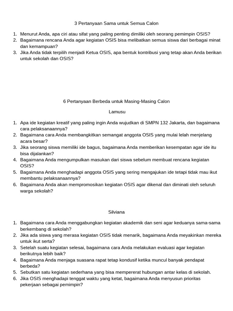Pertanyaan Calon Ketua OSIS SMPN 132 | PDF