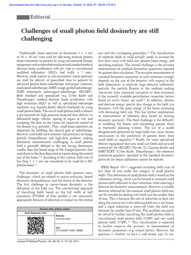 Small Photon Field Dosimetry Challenges | PDF | Dosimetry | Radiation ...