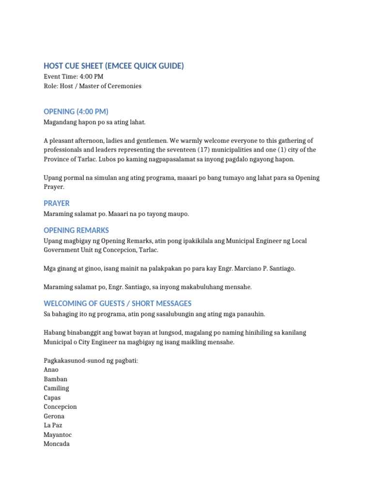 Host Cue Sheet Localized Revised | PDF