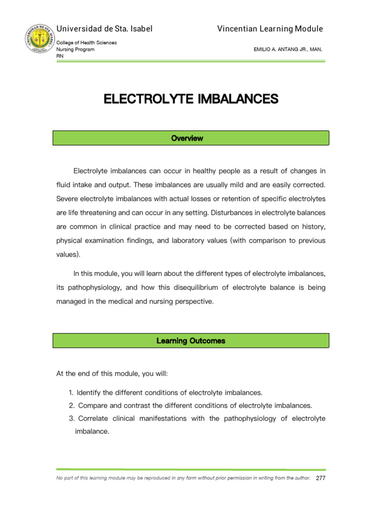 Electrolyte Imbalances | PDF | Potassium | Chemistry