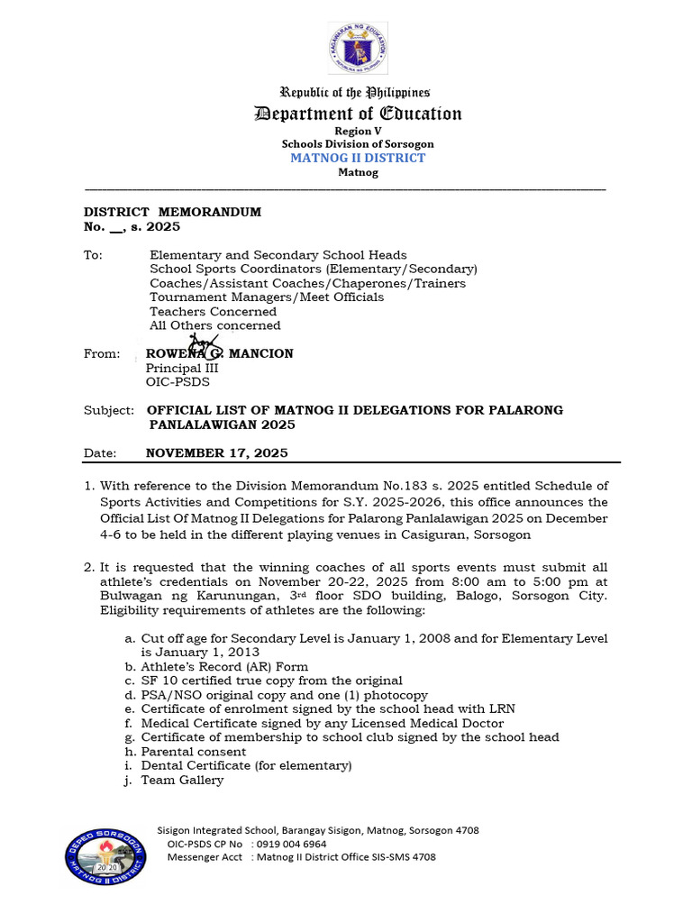 District Memo Provincial Meet 2025 Final | PDF