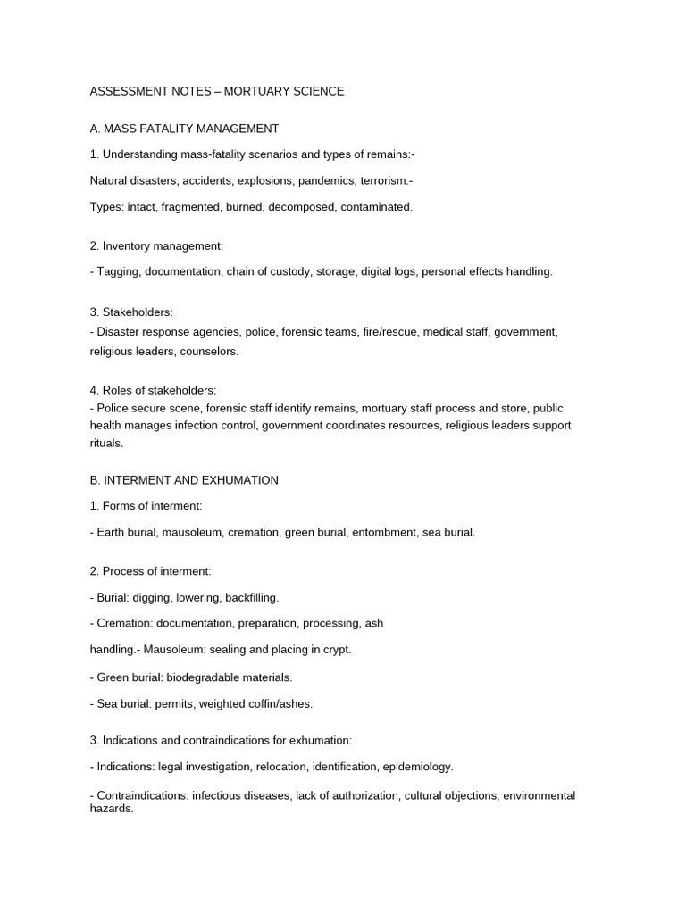 Mortuary Assessment Notes | PDF | Burial | Funeral