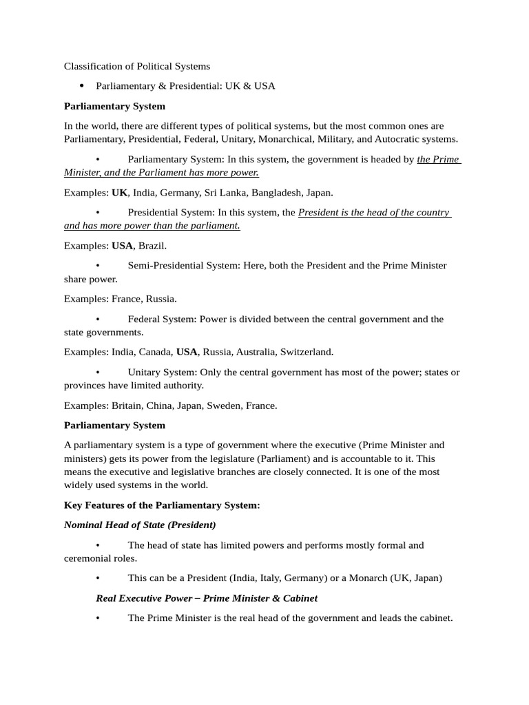 Classification of Political Systems | PDF | House Of Commons Of The ...