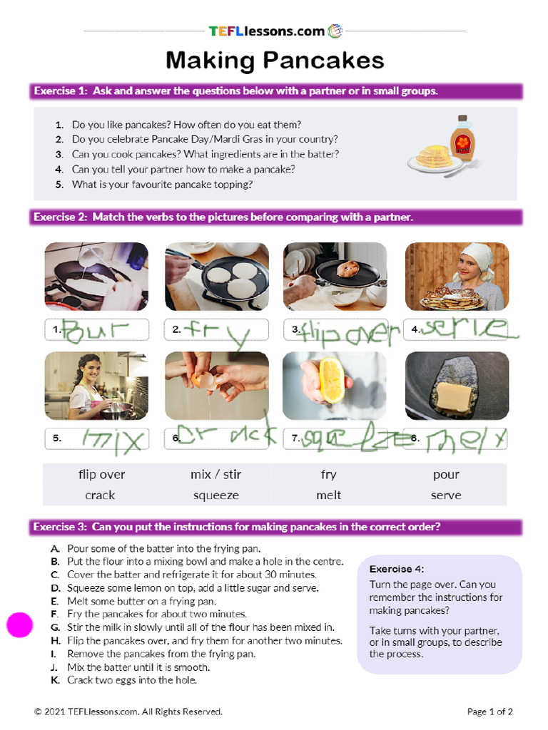 Making Pancakes Worksheet (TEFL) - 1 | PDF