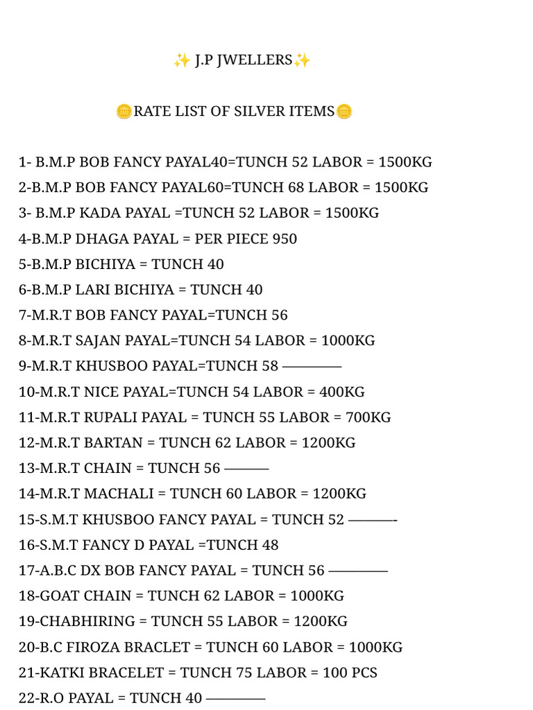 New Rate List of All Silver Items | PDF
