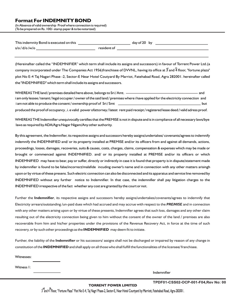 AGR-4875-Indemnity Bond Form For New Connection | PDF | Indemnity | Lease