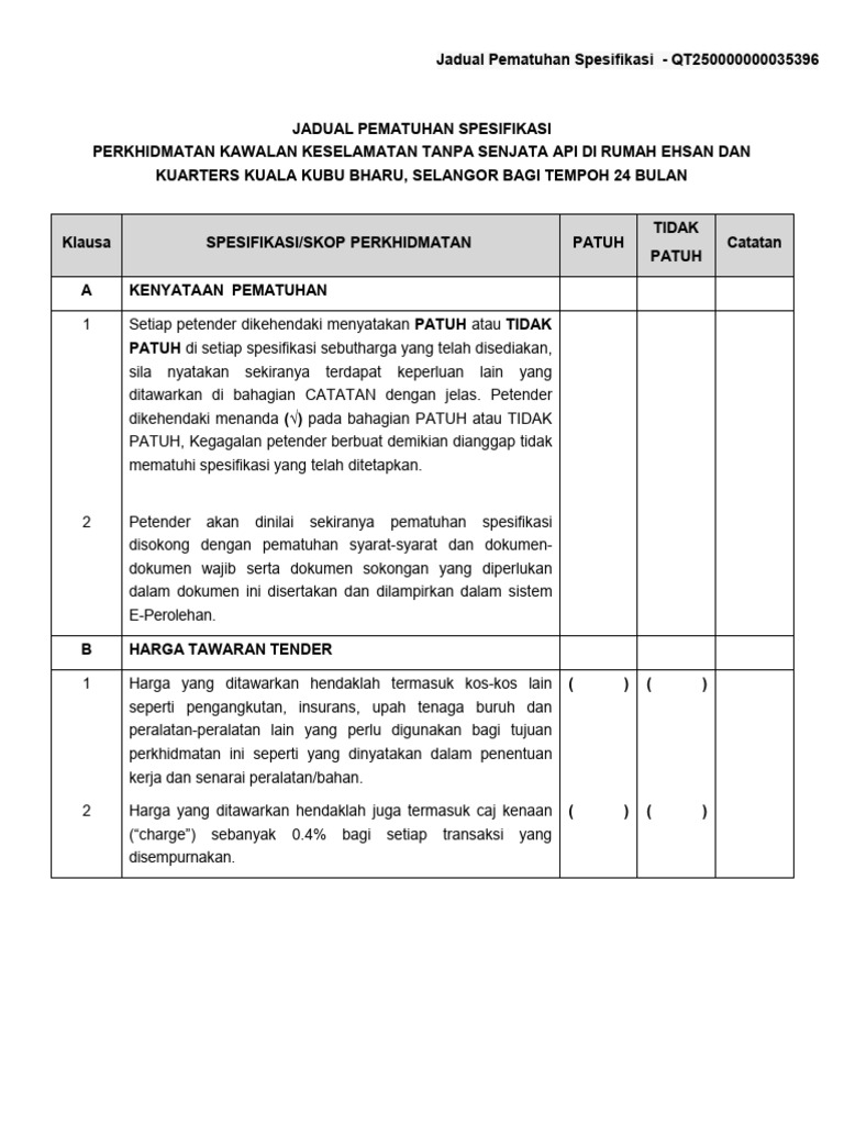Jadual Pematuhan Spesifikasi | PDF