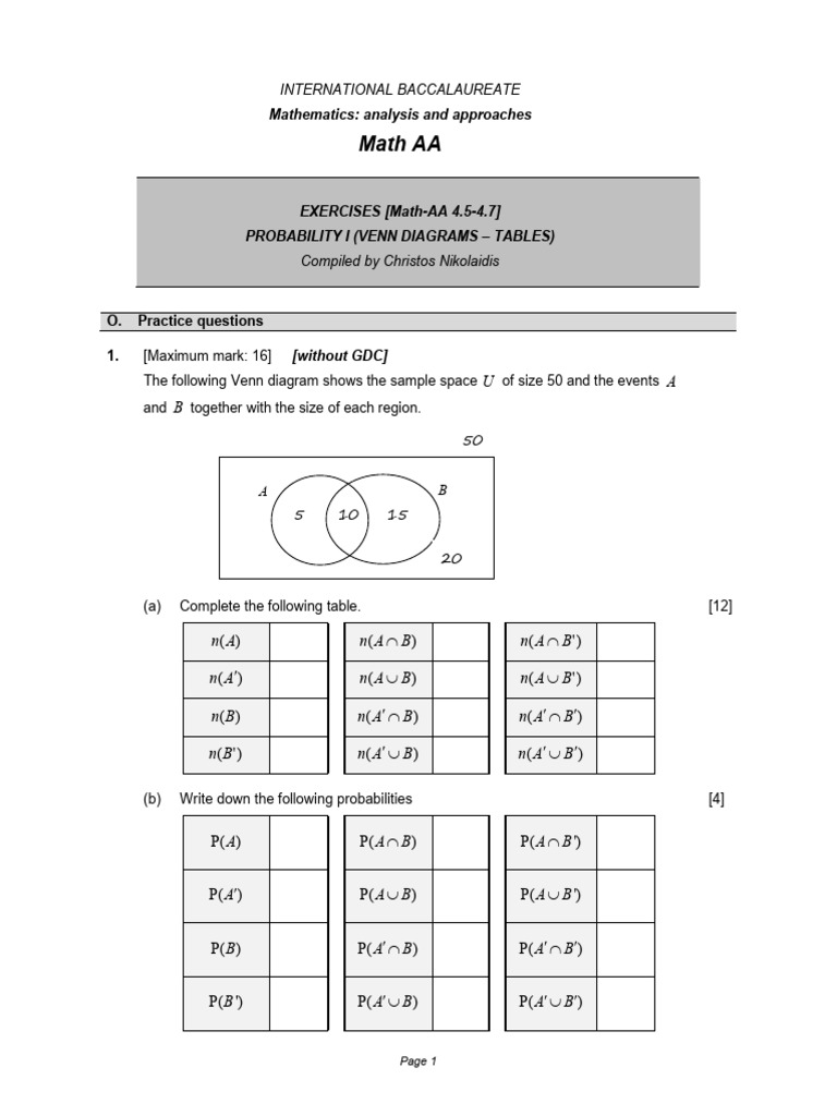 Probability Exercises: Venn Diagrams | PDF