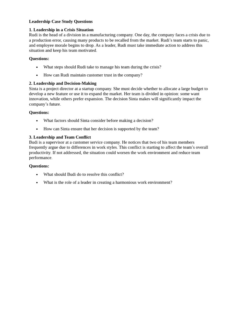Leadership Case Study Questions | PDF