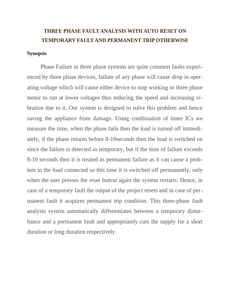 Three Phase Fault Analysis With Auto Reset on Temporary Fault and ...